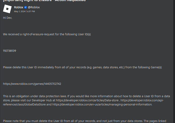 Someone spamming the Right to Erasure? - Platform Usage Support - Developer Forum | Roblox