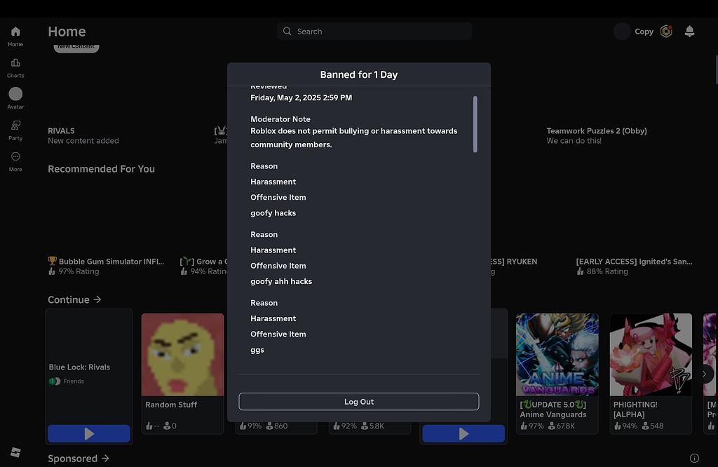 Violations & Appeals - Platform Usage Support - Developer Forum | Roblox