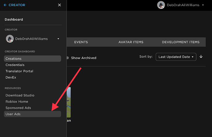 “User Ads” button on Creator Dashboard sidebar attempts to redirect ...