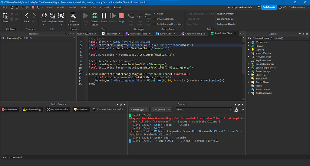 Index Nil With Character Using A Custom Character Rig Sprint Gui Scripting Support 