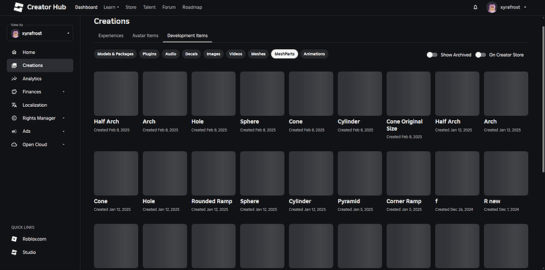MeshPart thumbnails do not load in Creator Dashboard - Creator Hub (create.roblox.com) Bugs ...