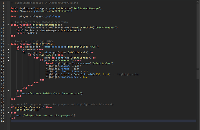 Trying To Make A Highlight Npc Gamepass Scripting Support Developer Forum Roblox