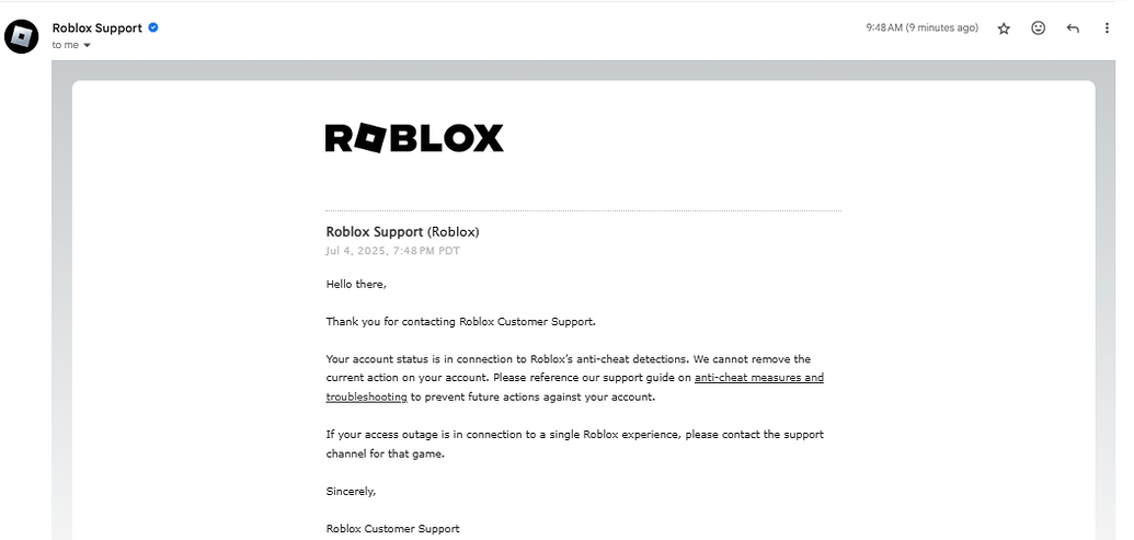 Falsely terminated - roblox support refuse support - Platform Usage ...