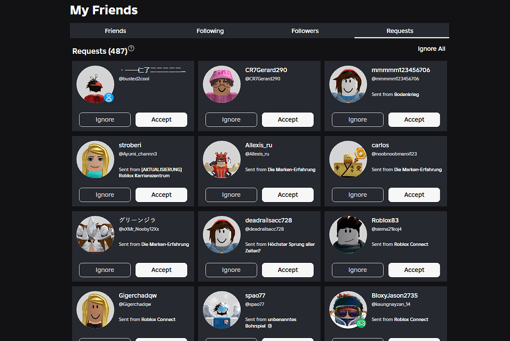 Roblox Friend Request shows "Sent From" with translated game title ...