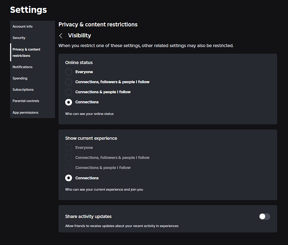 "No one" option missing from "Privacy > Visibility & private servers ...