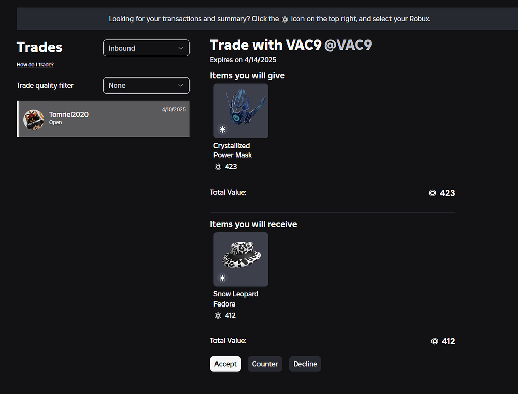 Trading Tab shows username of user viewing the trade instead of the ...