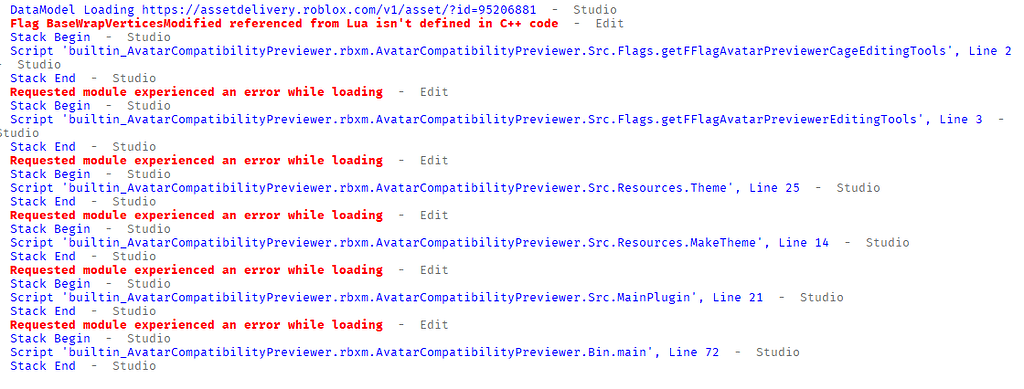 Errors in output window, when opening any experience - Studio Bugs - Developer Forum | Roblox