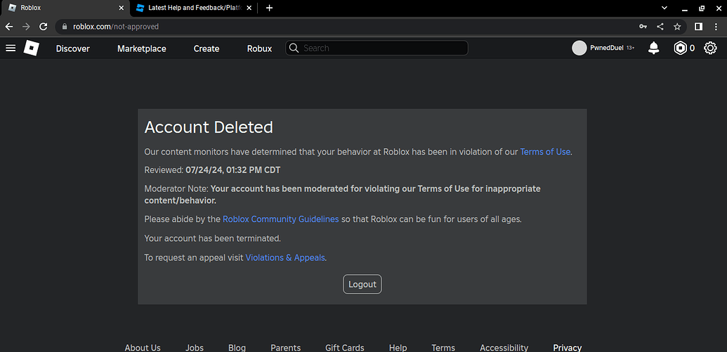 Roblox has terminated my 6 year old account with no specified reason on ...