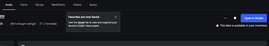 Creator Hub Store 'Saved' tab not showing anything - Roblox Application ...
