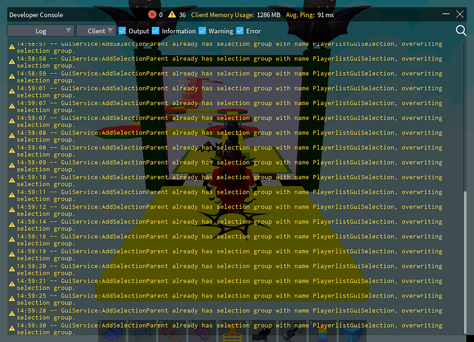 GuiService:AddSelectionParent throws warning due to duplicate "PlayerlistGuiSelection" group ...