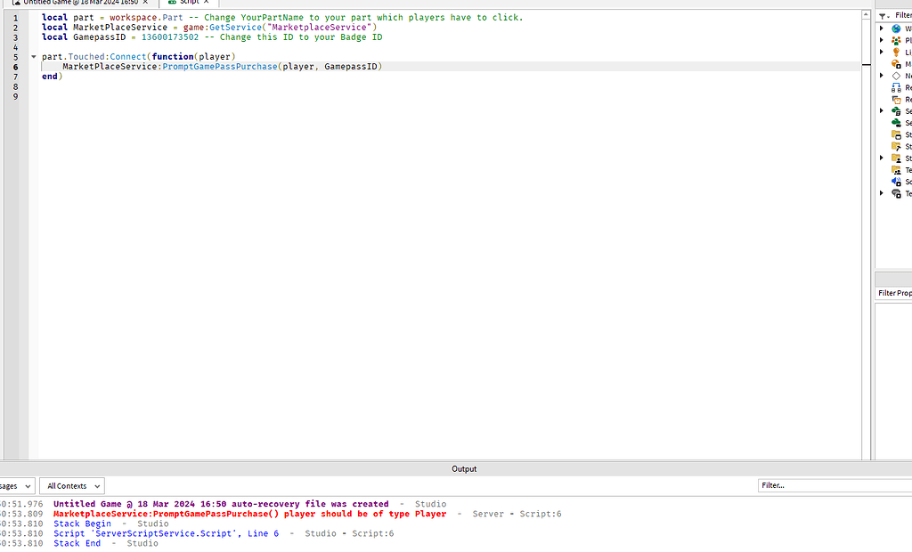 Gamepass prompt not working - Scripting Support - Developer Forum | Roblox Gamepass prompt not working - Scripting Support - Developer Forum | Roblox