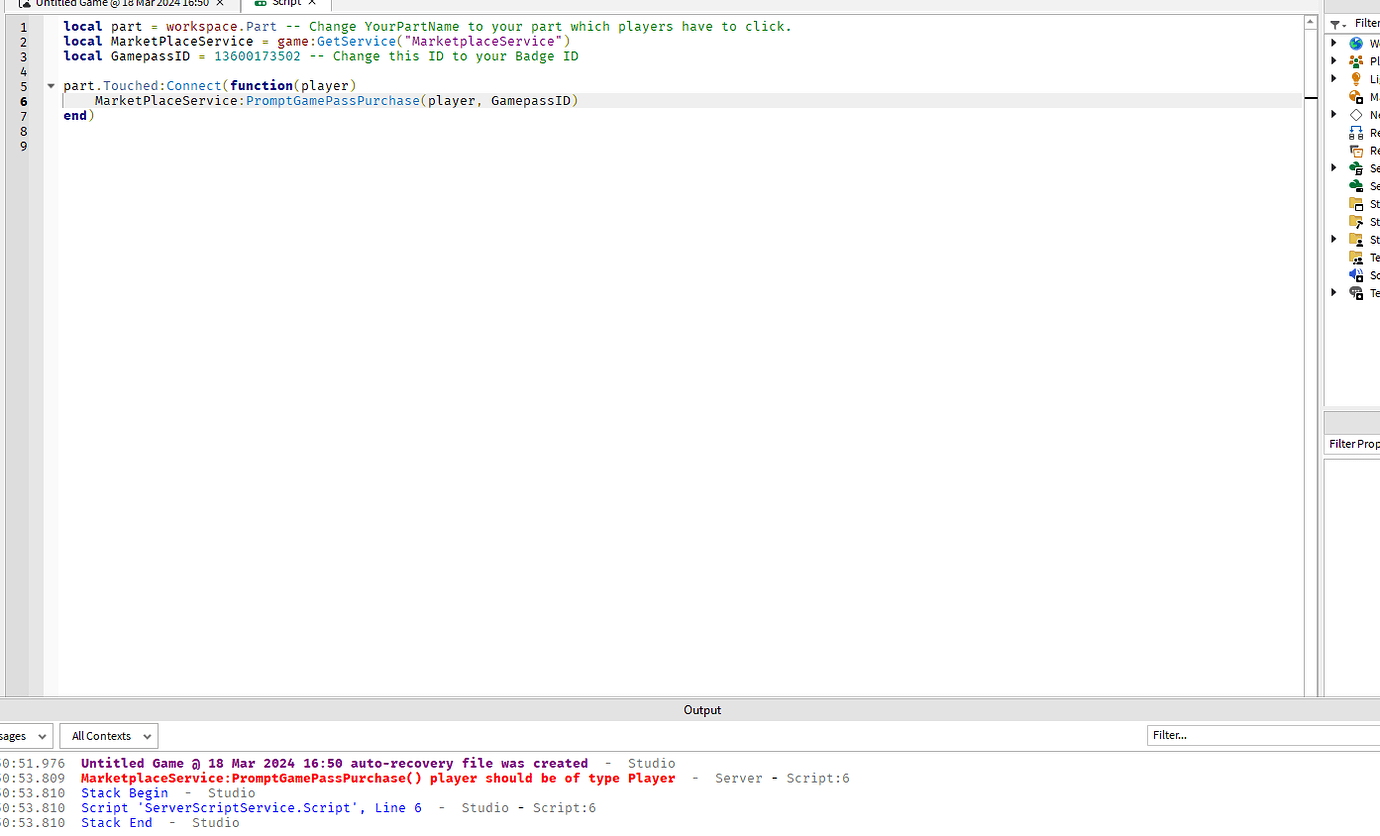 Gamepass prompt not working - Scripting Support - Developer Forum | Roblox Gamepass prompt not working - Scripting Support - Developer Forum | Roblox