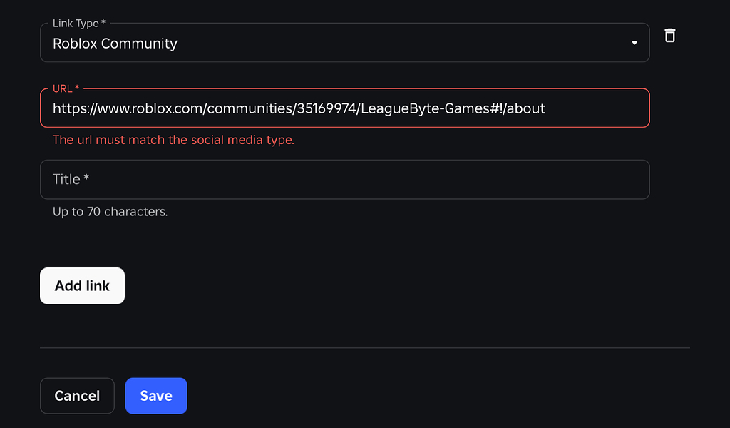 Unable to add community as social link to experience - Creator Hub (create.roblox.com) Bugs ...