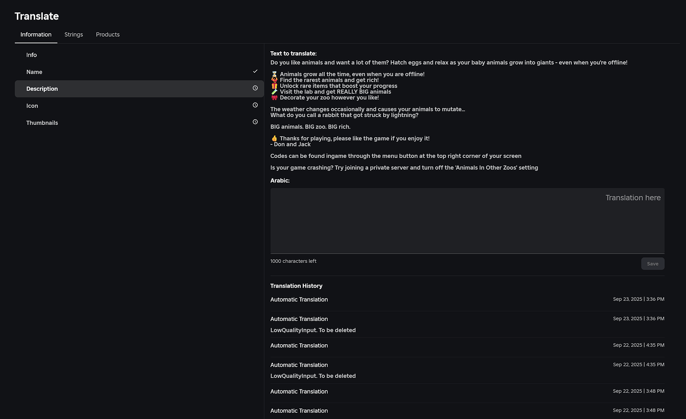 Game description not auto-translating - Creator Hub (create.roblox.com ...