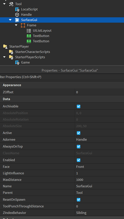 SurfaceGUI in a tool isn't working, why? - Scripting Support - Developer Forum | Roblox