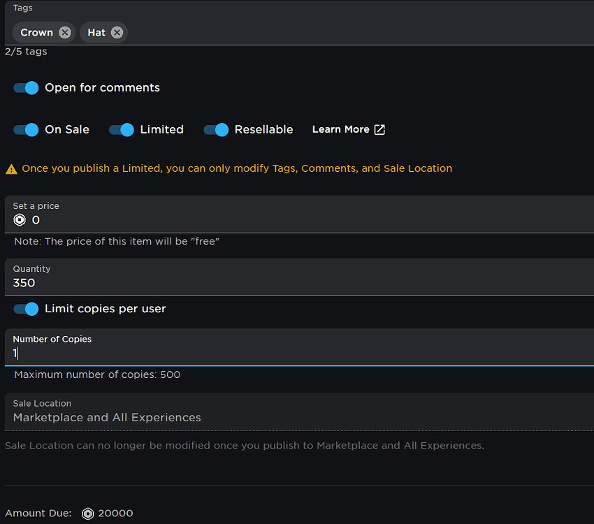 Issue on publishing FREE Limited UGC on a Roblox Group - Roblox Application and Website Bugs ...