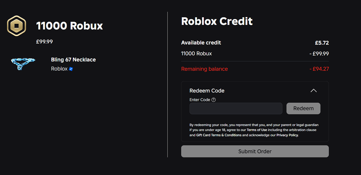 The product “67 Robux And Item” is not purchasable with gift cards by ...