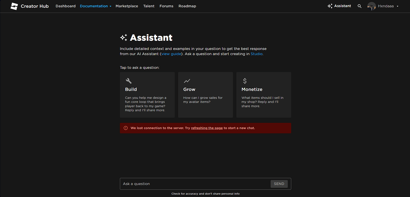 AI assistant shows unable to connect to server for multiple days - Creator Hub (create.roblox ...