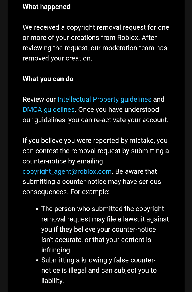 Roblox sending false DMCA takedowns - Catalog Asset Bugs - Developer ...