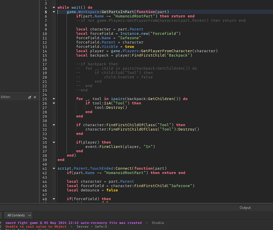 Safe Zone removing swords bugs out - Scripting Support - Developer Forum | Roblox