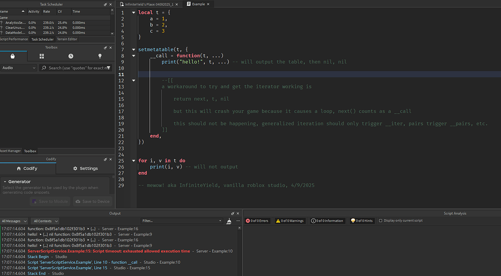 Generalized iteration triggers __call in metatables when __iter is absent, leaving it impossible ...