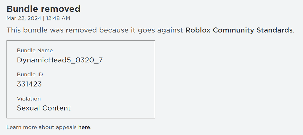 Unknown Item Moderation Issue Catalog Asset Bugs Developer Forum Roblox