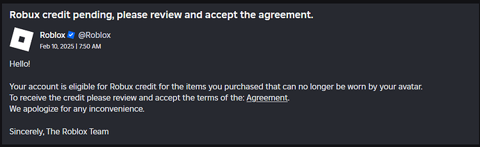 "Robux credit pending" agreement message redirects to Roblox home page ...