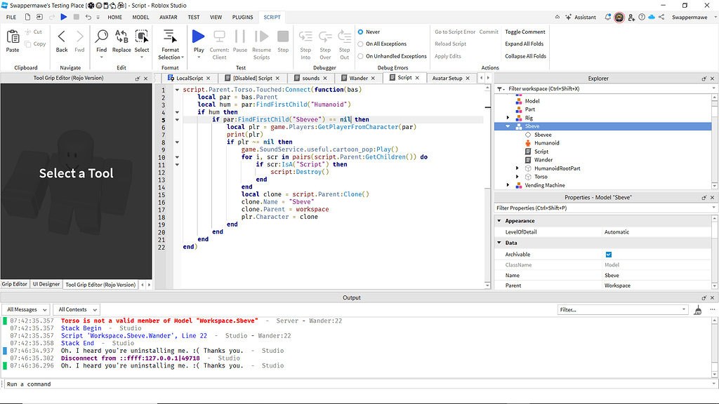 Workspace.Sbeve.Script:15: attempt to index nil with 'Clone' - Scripting Support - Developer ...