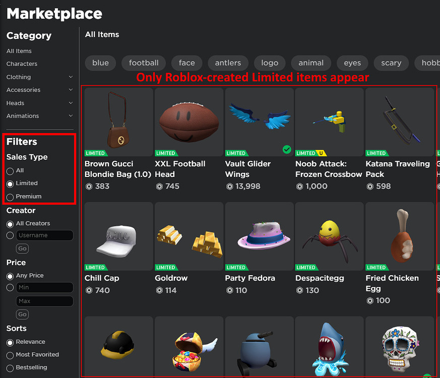 User Created Limited items not displaying as expected in Avatar Marketplace - Roblox Application ...