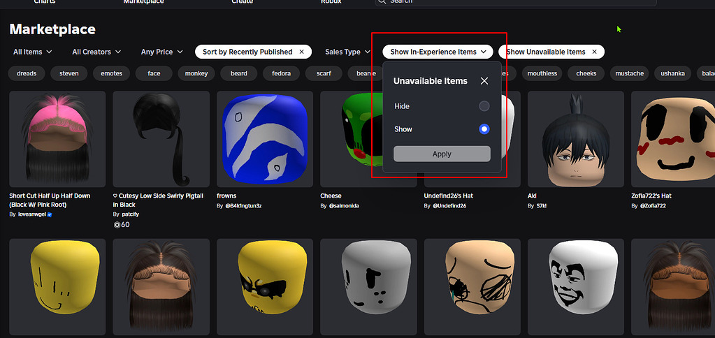Separate category for in-experience made accessories on the Roblox ...