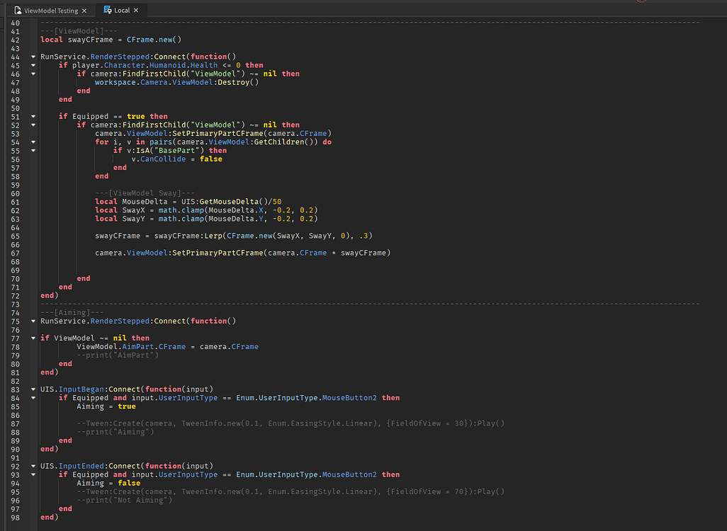 Trouble with ViewModel Aim Down Sights function - Scripting Support - Developer Forum | Roblox