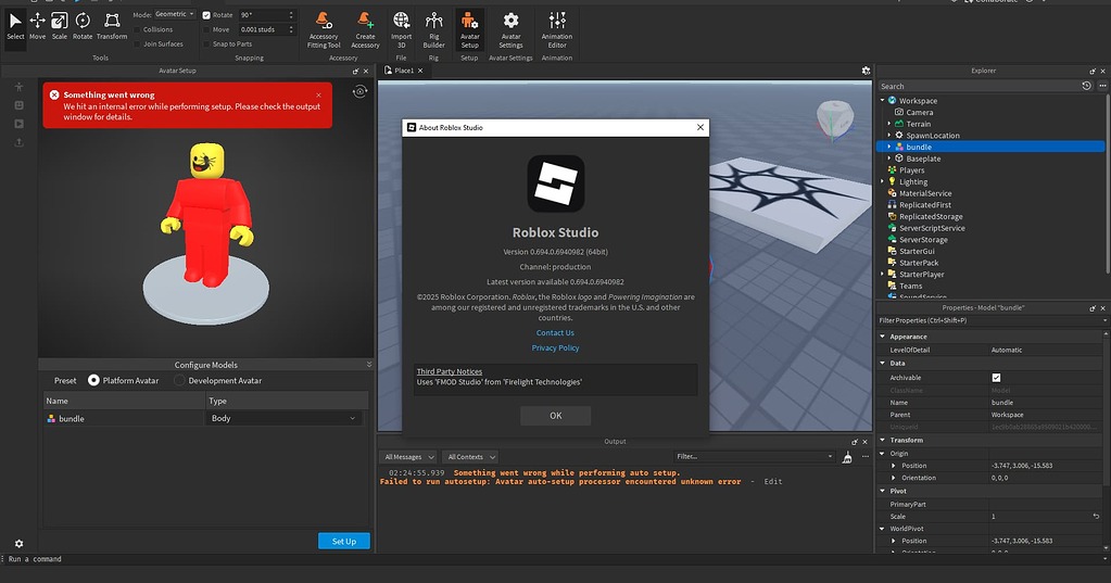 Avatar Autosetup does not work on newest Studio update. Internal Error ...
