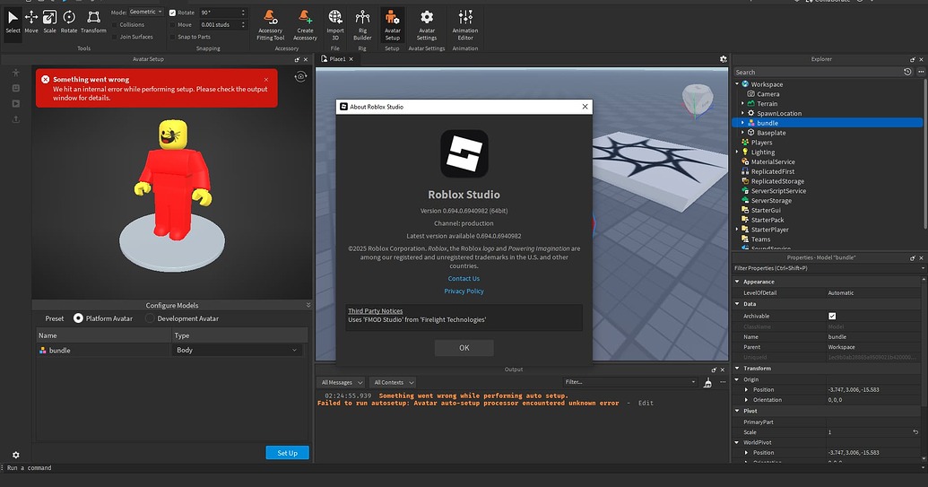 Avatar Autosetup does not work on newest Studio update. Internal Error ...