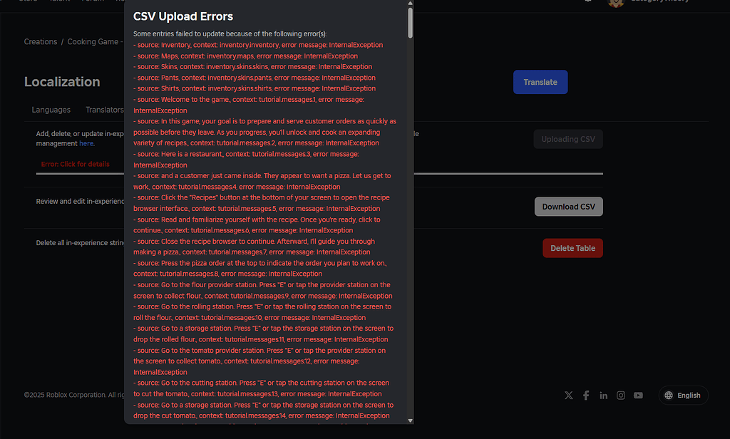 [Localization] - Internal errors upon uploading .csv - Studio Bugs - Developer Forum | Roblox