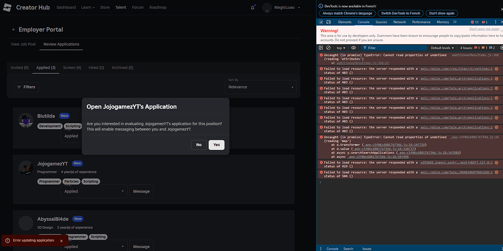 Error 504 when opening job applications - Creator Hub (create.roblox ...