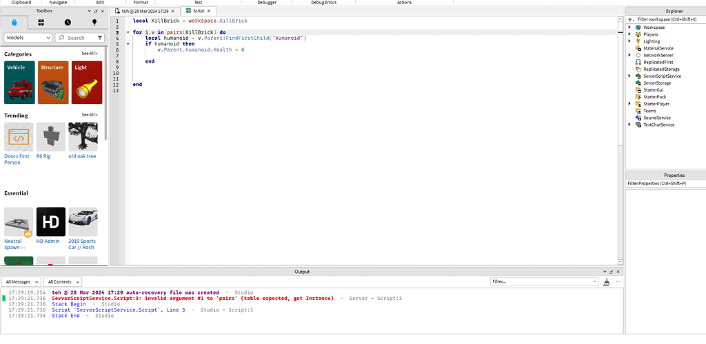 Why isnt my for loop killbrick not working (PROBABLY AN EASY FIX) (I Want it to be a for loop ...