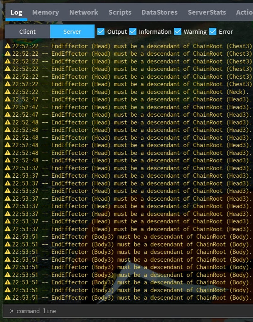 Client and Server log produce warning "EndEffector must be descendant of ChainRoot" on ...