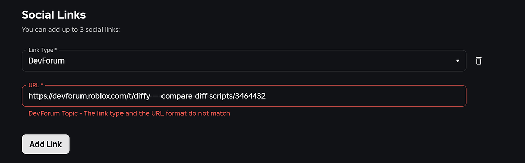 Devforum Social Link Input Field Does Not Accept Valid Devforum Url Roblox Application And