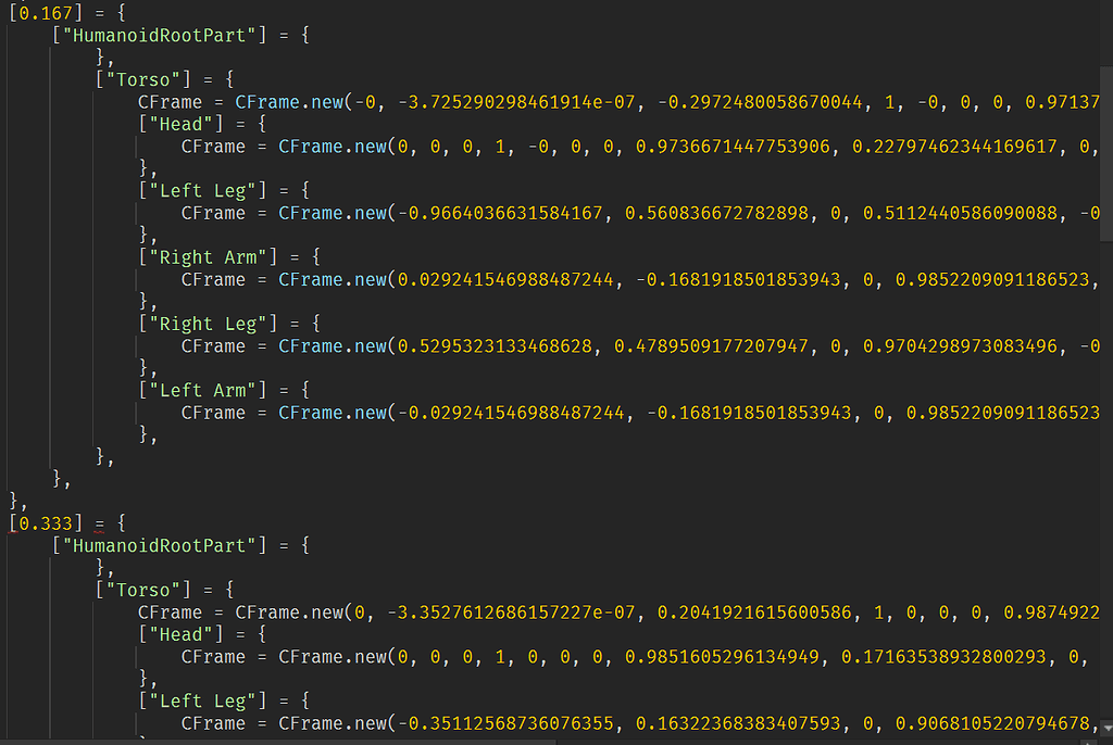 Trying to work with CFrame tables, keep getting an annoying "Expected identifier when parsing ...