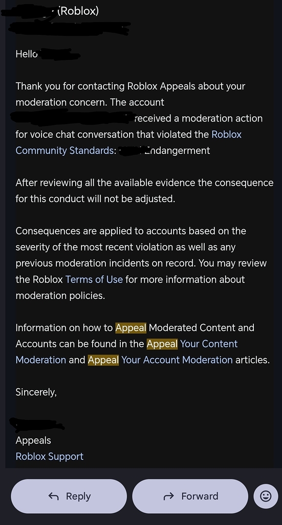 Appeals system bug, moderation reason has been changed by support team ...
