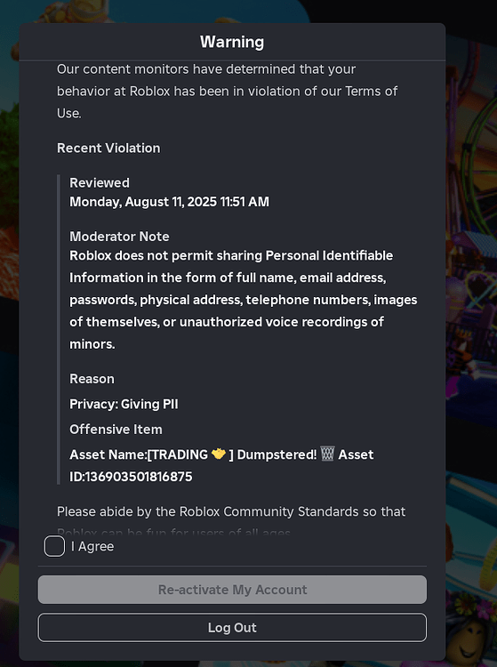 False roblox ban for my game Dumpstered - Creations Feedback ...