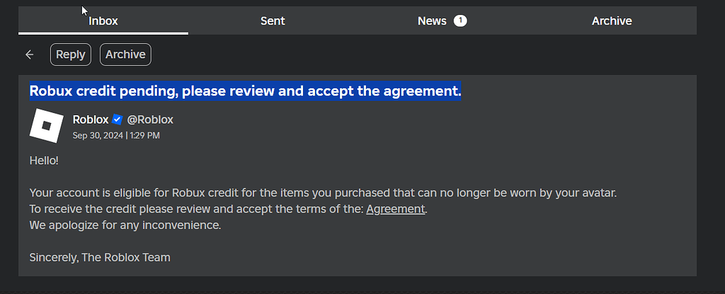 "Robux credit pending, please review and accept the agreement." ~ Not ...