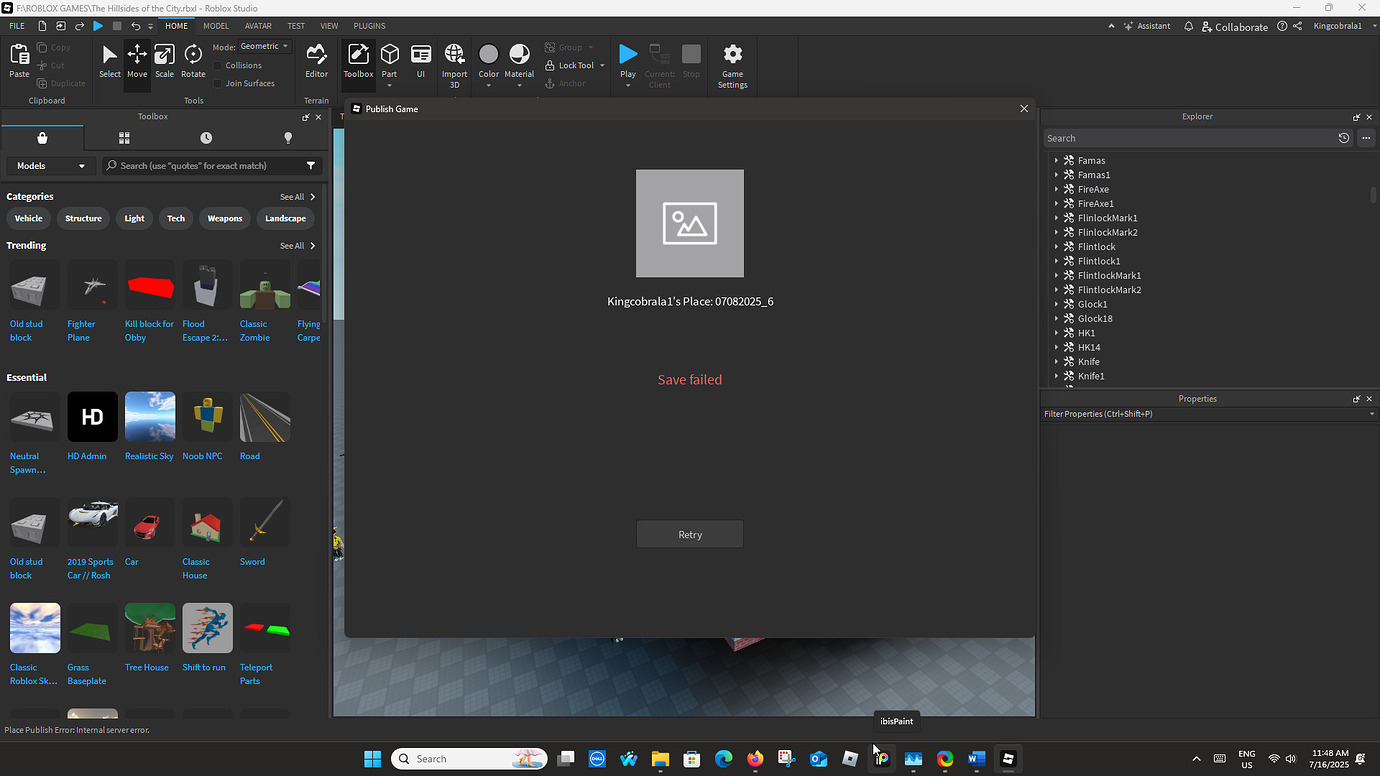 Publishing Errors - Scripting Support - Developer Forum | Roblox