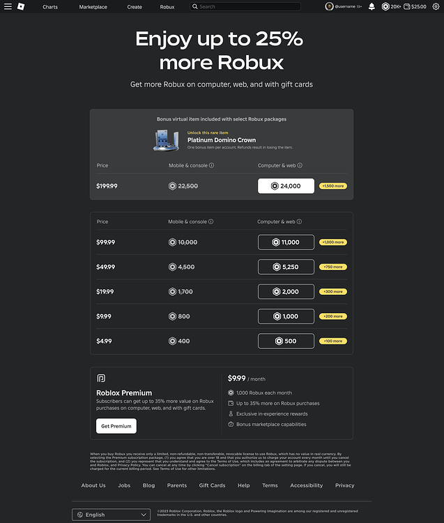 Users can enjoy up to 25% more Robux on computer, web and gift cards ...