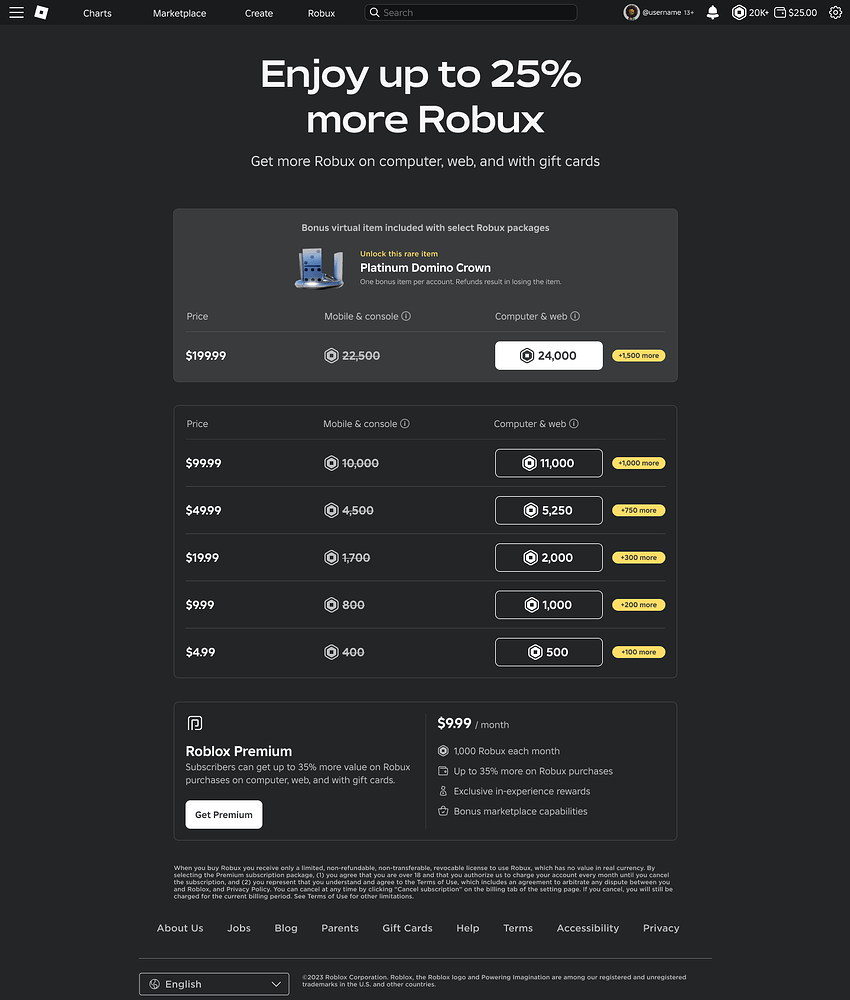 Users can enjoy up to 25% more Robux on computer, web and gift cards ...