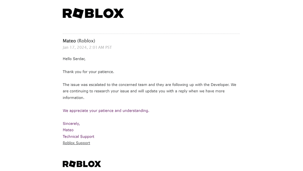 Transparency in Roblox customer service tickets - Website Features ...