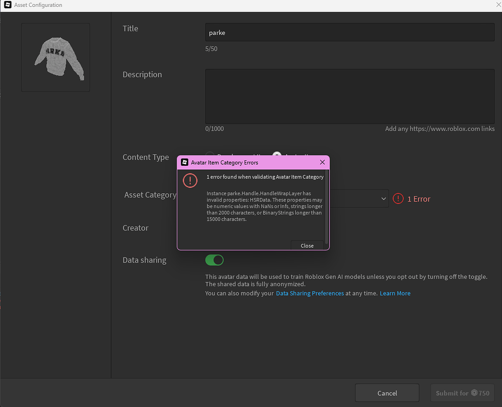 Error Invalid property "HSRData" when trying to upload layered clothing UGC - Art Design Support ...