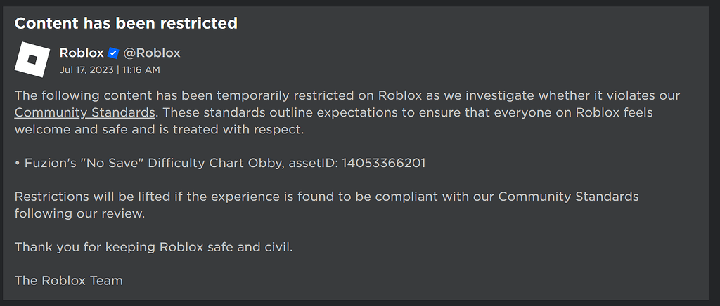 Roblox keeps restricting my game - Game Design Support - Developer ...