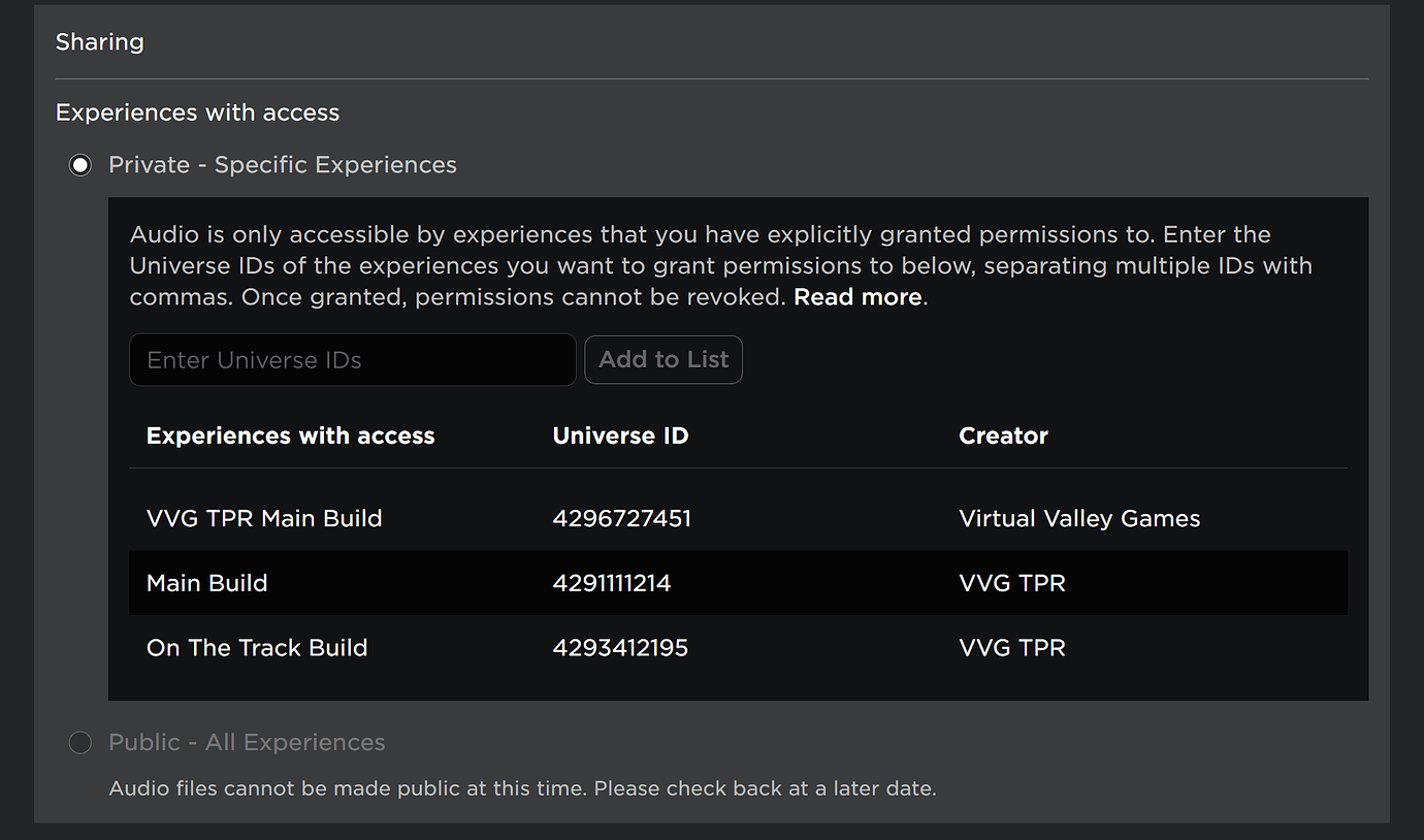 New private audio assets have granted permissions to random experiences ...