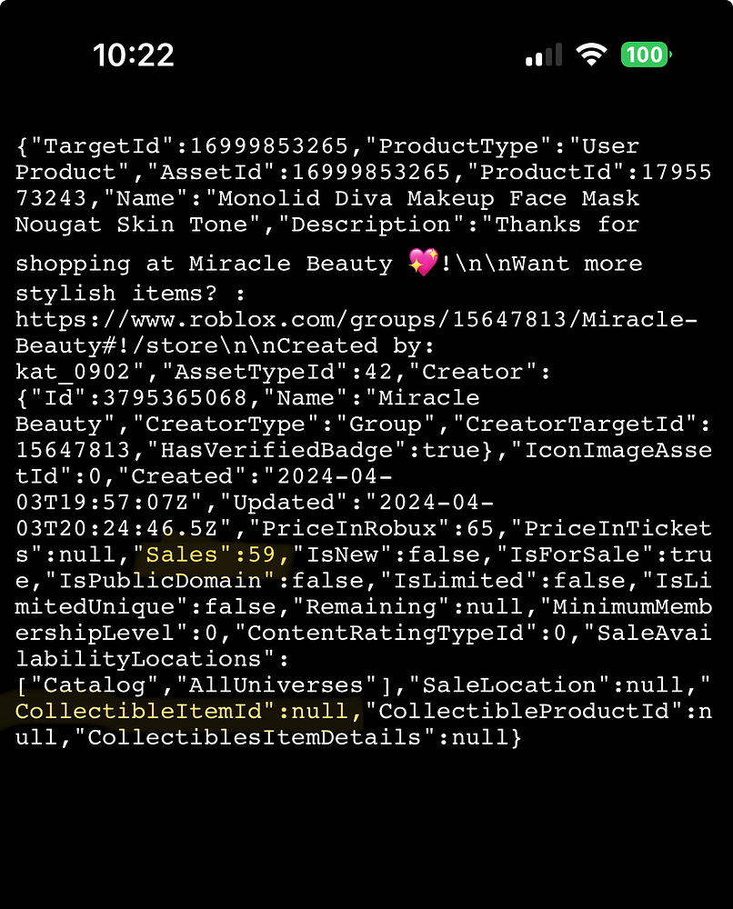 Product Info API is not returning sales count for newer UGC Items - Roblox Application and ...